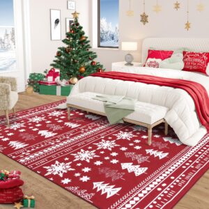 Auemtyn Area Rug, 8x10 Christmas Rug for Living Room, Christmas Area Rug with Non-Slip Backing, Stain Resistant Snowflake Rug for Bedroom,Ultra-Thin Washable Rug for Christmas Decor(8'x10', Red)