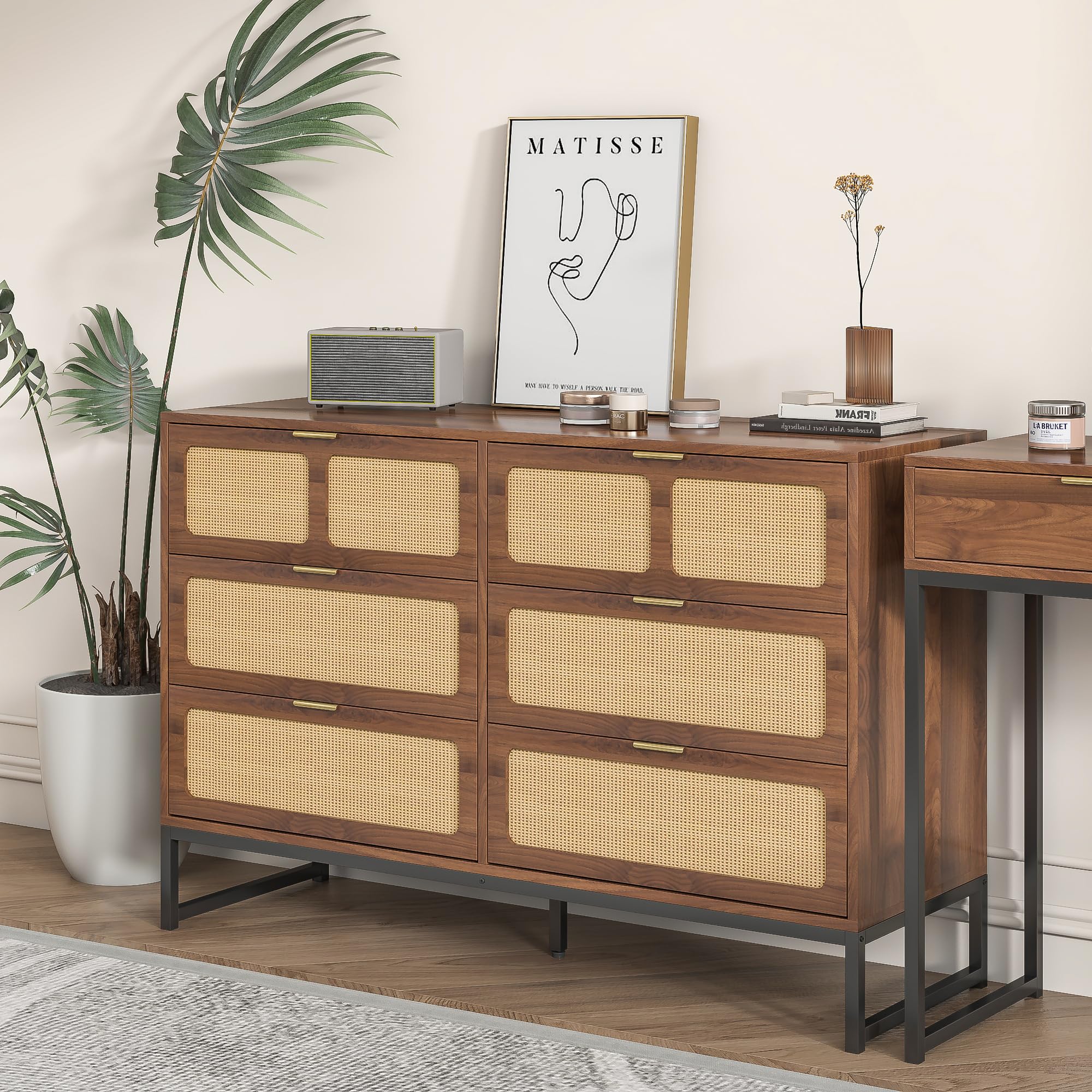 Rattan 6 Drawer Dresser Mid Century Modern Dresser Chest of Drawers Boho Farmhouse 6 Drawer Cabinet with Wide Drawers Metal Legs Storage Dressers Chest for Bedroom, Living Room