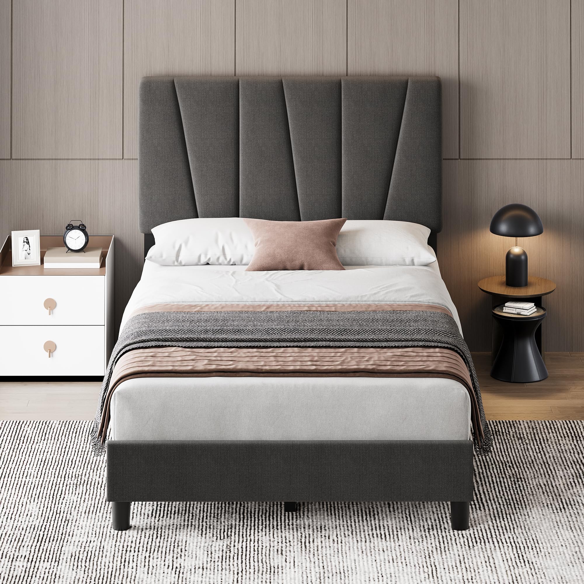 GarveeHome Twin Size Bed Frame with Adjustable Headboard, Linen Upholstered Twin Platform Bedframe with Strong Wooden Slats, Mattress Foundation, No Box Spring Needed, Easy Assembly, Dark Grey