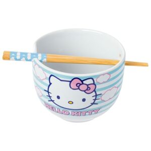 silver buffalo sanrio hello kitty ceramic ramen bowl with chopsticks, 20 ounces