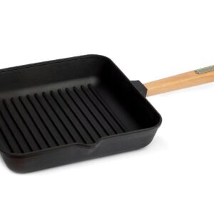 STP GOODS Cast Iron Grill Pan with Removable Wooden Handle 10.2" Kitchen Cooking Pan 2.74 Qt Square Cast Iron Skillet, Camping Pan for Indoor and Outdoor Cooking, Induction Safe, Black