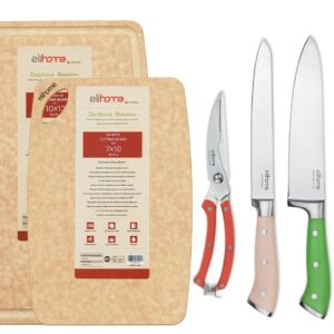 Elihome 2-piece Class Dishwasher Safe Cutting Board Set with 5-piece Premium Stainless Colorful handle Steel Knife Set