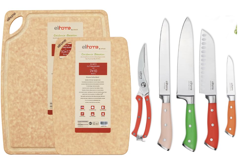 Elihome 2-piece Class Dishwasher Safe Cutting Board Set with 5-piece Premium Stainless Colorful handle Steel Knife Set