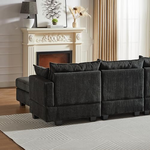 Eafurn 6 Seat Oversized Convertible U/L Shaped Modular Sectional Sofa Reversible Sleeper Couch Sofabed with Storage & 2 Movable Ottomans, Corduroy Lounge Sofa&Couch for Living Room Apartment