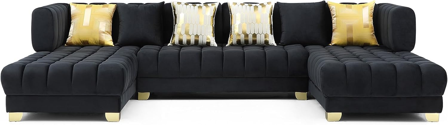 Woodpecker's Inc Marigold Velvet U-Shaped Double Chaise Sectional Sofa - with 6 Pillows & Gold Legs (Black)