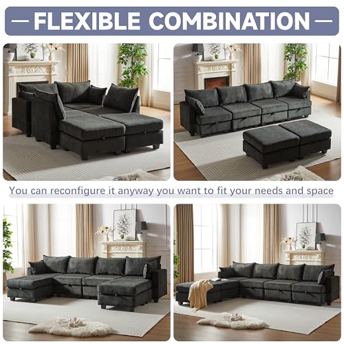 Eafurn 6 Seat Oversized Convertible U/L Shaped Modular Sectional Sofa Reversible Sleeper Couch Sofabed with Storage & 2 Movable Ottomans, Corduroy Lounge Sofa&Couch for Living Room Apartment