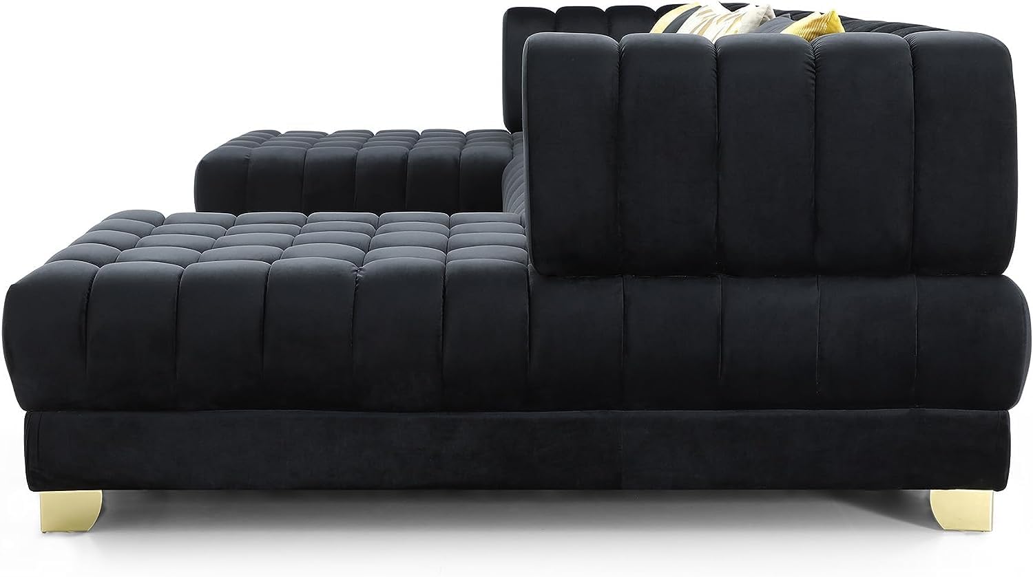 Woodpecker's Inc Marigold Velvet U-Shaped Double Chaise Sectional Sofa - with 6 Pillows & Gold Legs (Black)