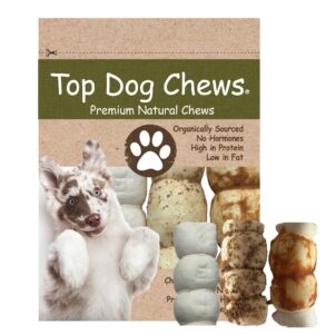 top dog chews – 6” variety 3 pack, 1 roasted buffalo beef cheek roll, 1 with bully dust sprinkles, and 1 chicken wrapped.