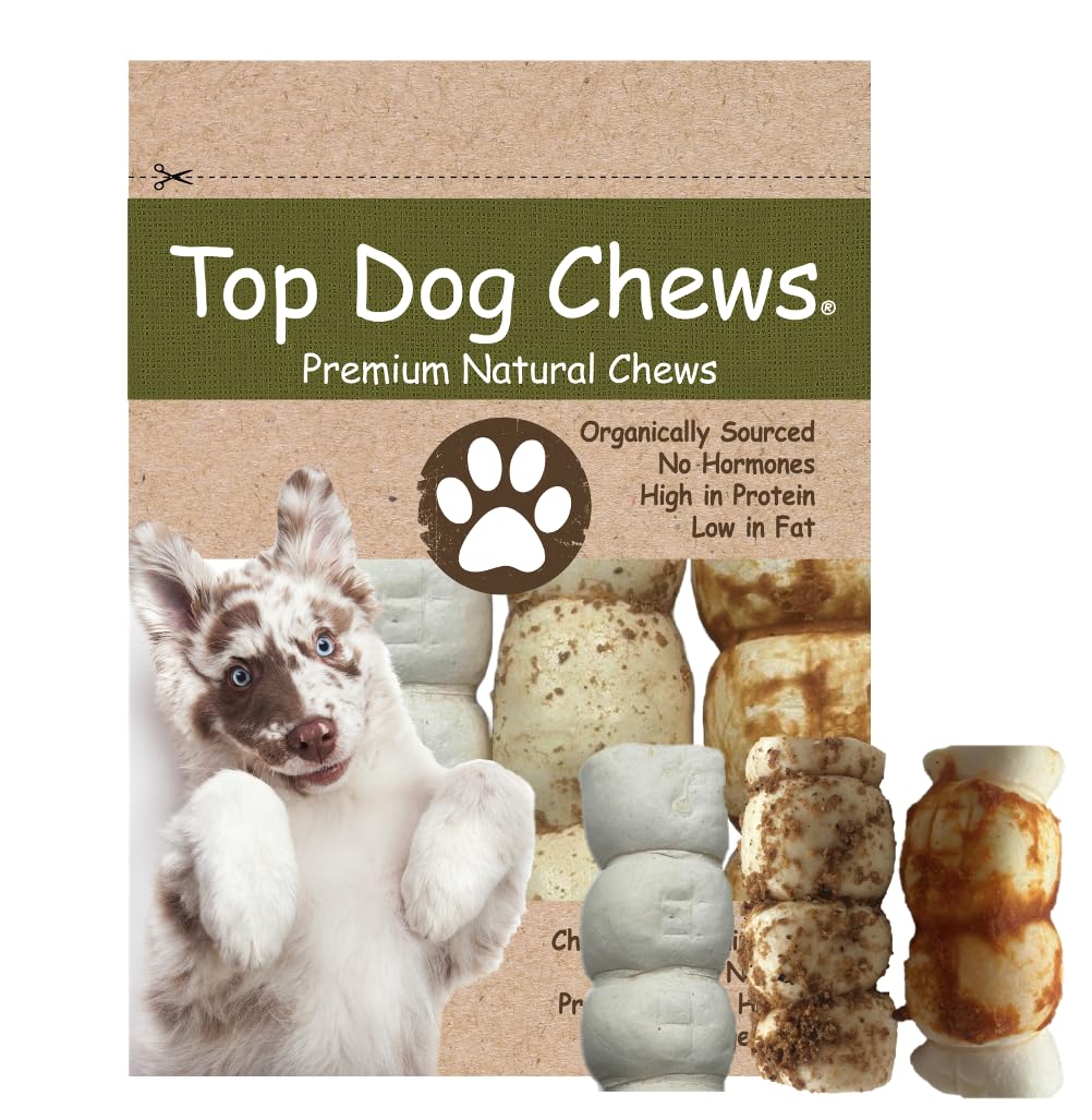 Top Dog Chews – 6” Variety 3 Pack, 1 Roasted Buffalo Beef Cheek Roll, 1 with Bully Dust Sprinkles, and 1 Chicken Wrapped.