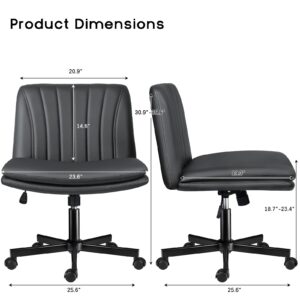 PUKAMI Criss Cross Legged Chair with Wheels,Comfy Armless Office Desk Chair,PU Leather Swivel Modern Makeup Vanity Chair,Height Adjustable Wide Seat Computer Task Chair for Home Office(Grey)