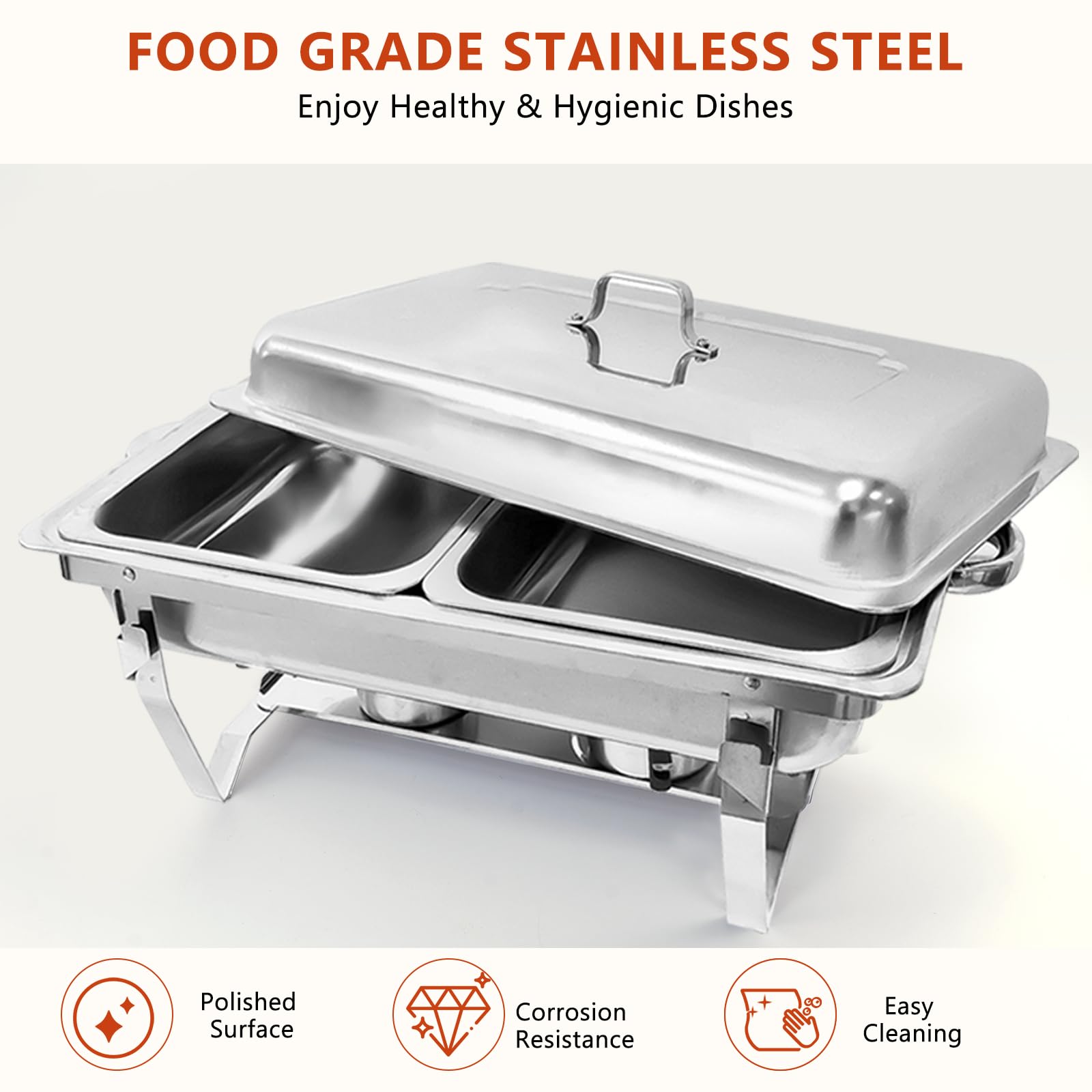 PRIJESSE Chafing Dish Buffet Set Stainless Steel Food Warmer Chafer Complete Set with Water Pan, Chafing Fuel Holder for Party Catering (4 Pack, Full Pan x2 + Half Pan x2)