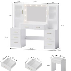 TOKSOM White Vanity Desk with Mirror, Lights & Charging Station, 58.3" 3 Lighting Modes Makeup Desk with 8 Drawers, 2 Cabinets and Lots Storage, Dressing Table Vanity Set with Lighted Mirror