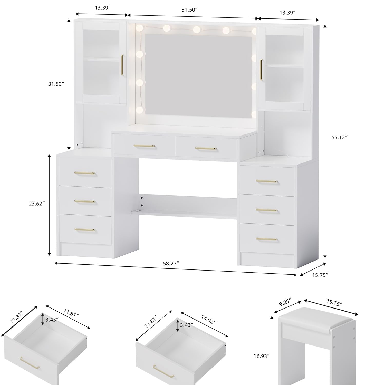 TOKSOM White Vanity Desk with Mirror, Lights & Charging Station, 58.3" 3 Lighting Modes Makeup Desk with 8 Drawers, 2 Cabinets and Lots Storage, Dressing Table Vanity Set with Lighted Mirror