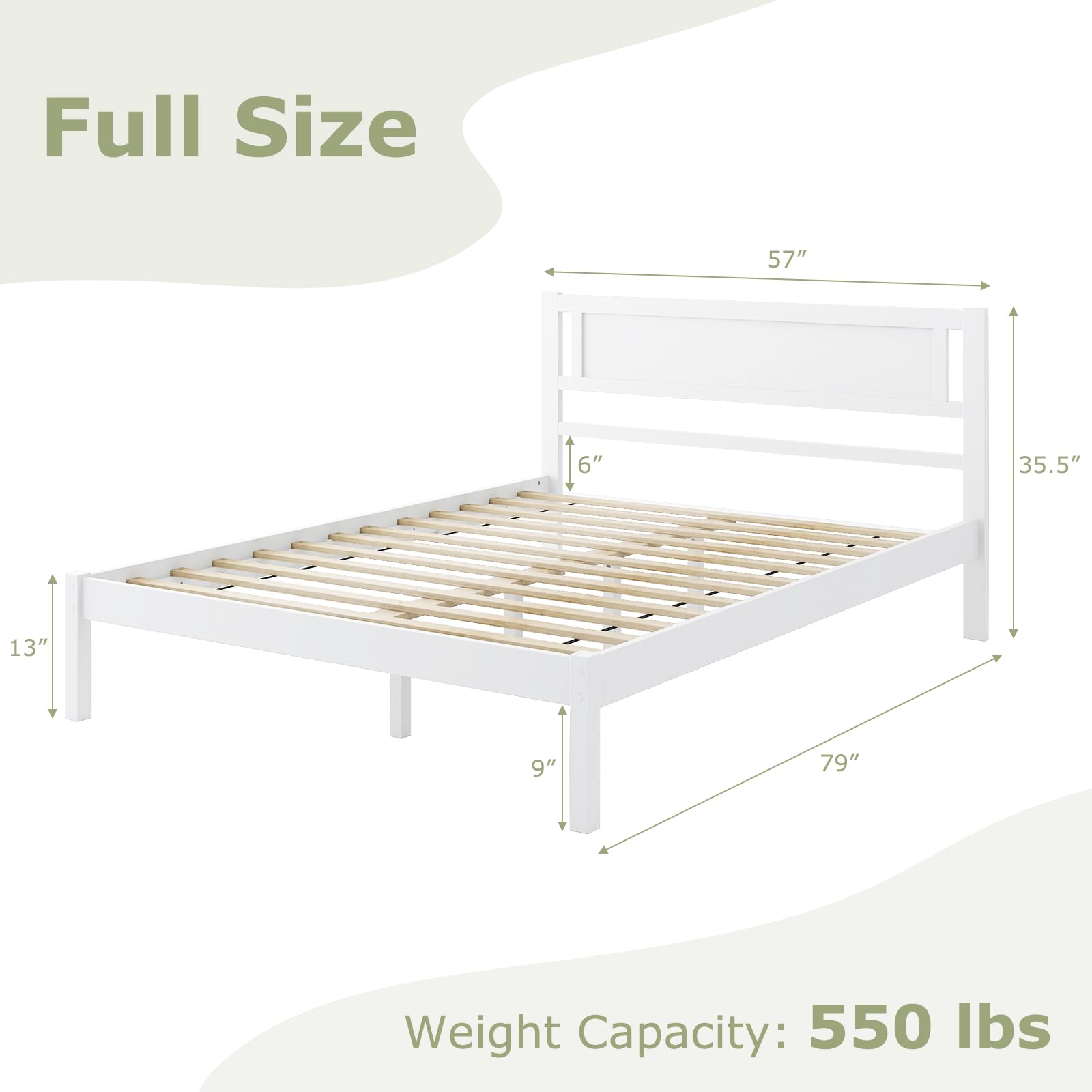 Giantex Wood Full Size Bed Frame with Headboard, Modern Solid Wood Platform Bed with Wooden Slats Support, No Box Spring Needed, Easy Assembly, Full Bed Frame for Kids, Teens, Adults, White