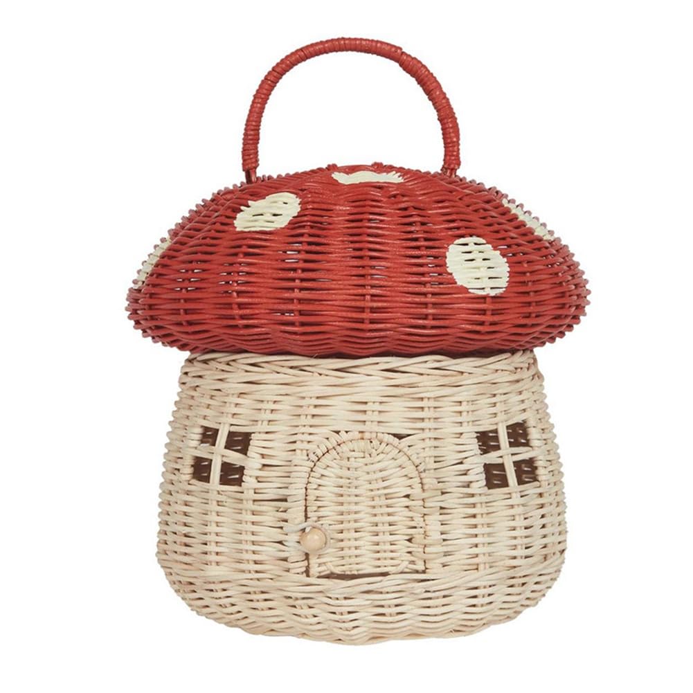 Beuiouer Handmade Rattan Mushroom-Shaped Storage Basket- Cute Handmade Handcrafted Decoration Artwork Rattan, Red 24 X 28cm