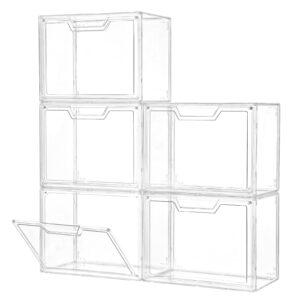 5 pack clear storage bins with lids, storage containers with magnetic door, stackable acrylic display case for handbags, cosmetic, multifunctional storage boxes for dorm, living room, bedroom storage