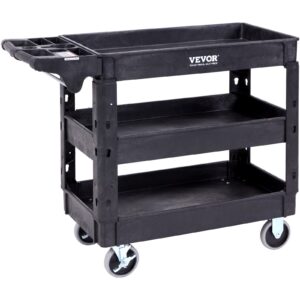 vevor utility service cart, 3 shelf 550lbs heavy duty plastic rolling utility cart with 360° swivel wheels (2 with brakes), medium lipped shelf, ergonomic storage handle for warehouse/garage/cleaning