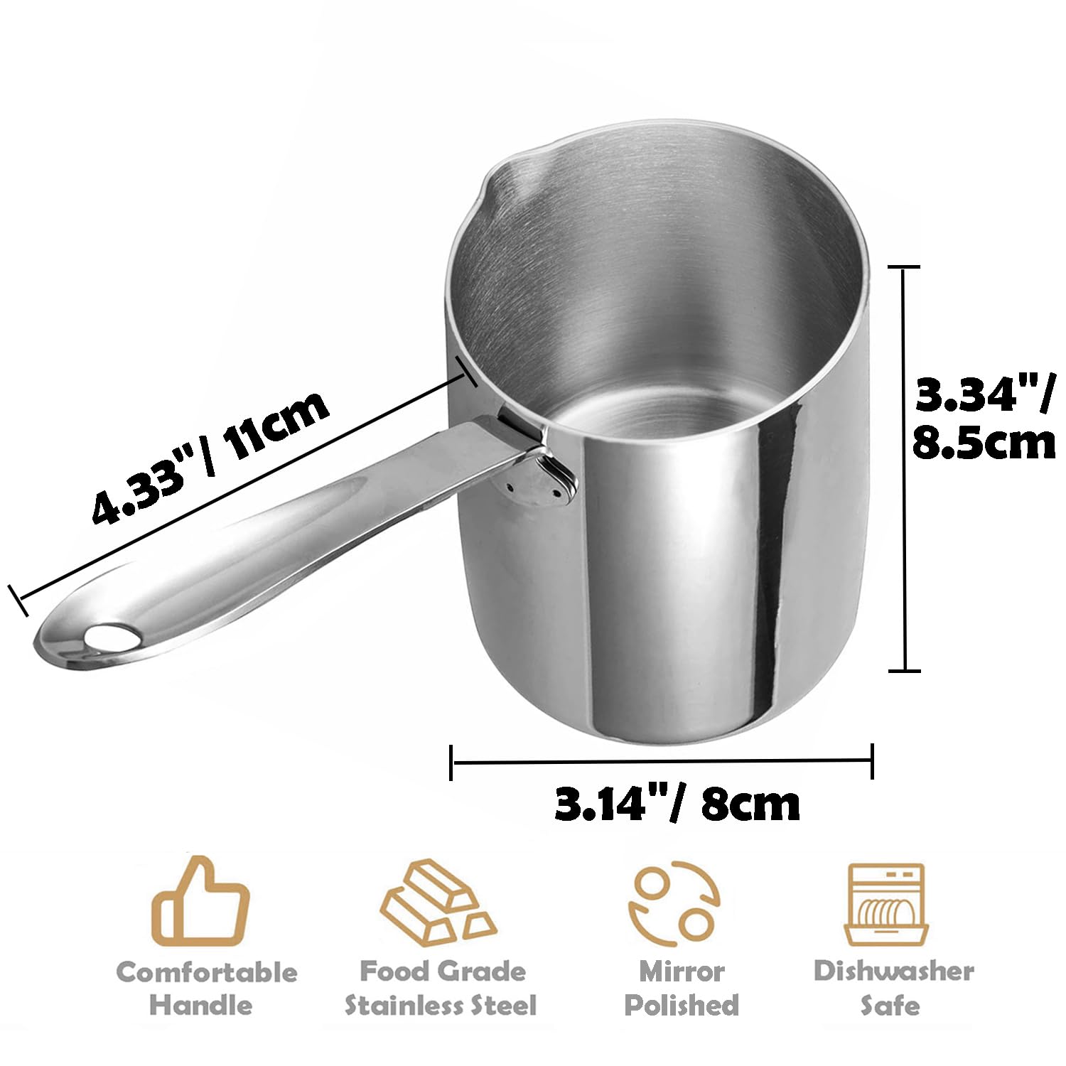 BOHK Butter Warmer Turkish Coffee Pot Milk Warmer Pot 18/8 Stainless Steel Mini Saucepan 10oz/300ml