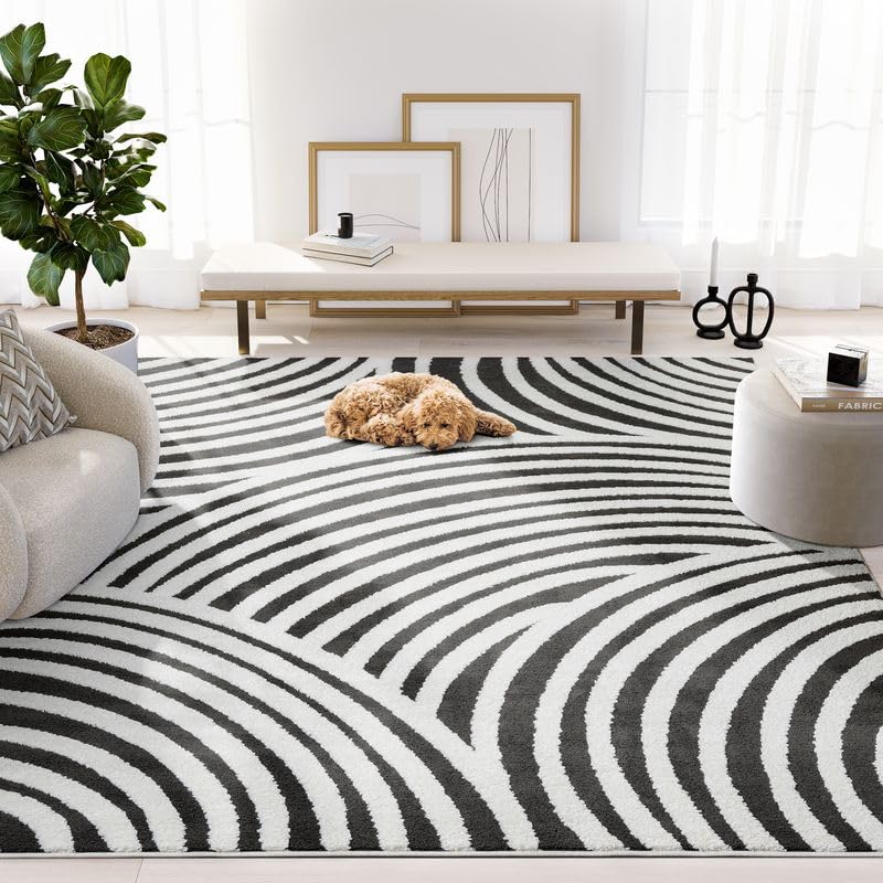 Abani Nomad Cream & Black Area Rug 8' x 10' for Living Room, Bedroom - Black Linear Curves Design - Durable & Easy to Clean