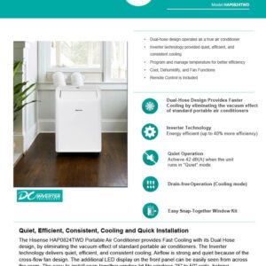 Hisense 8,000 BTU Portable Air Conditioner with Dual Hose & Inverter, 350 Sq Ft, Wi-Fi, ConnectLife App for Google and Alexa, 3 operating modes, Noise 42 dB(A) - HAP0824TWD (Renewed)