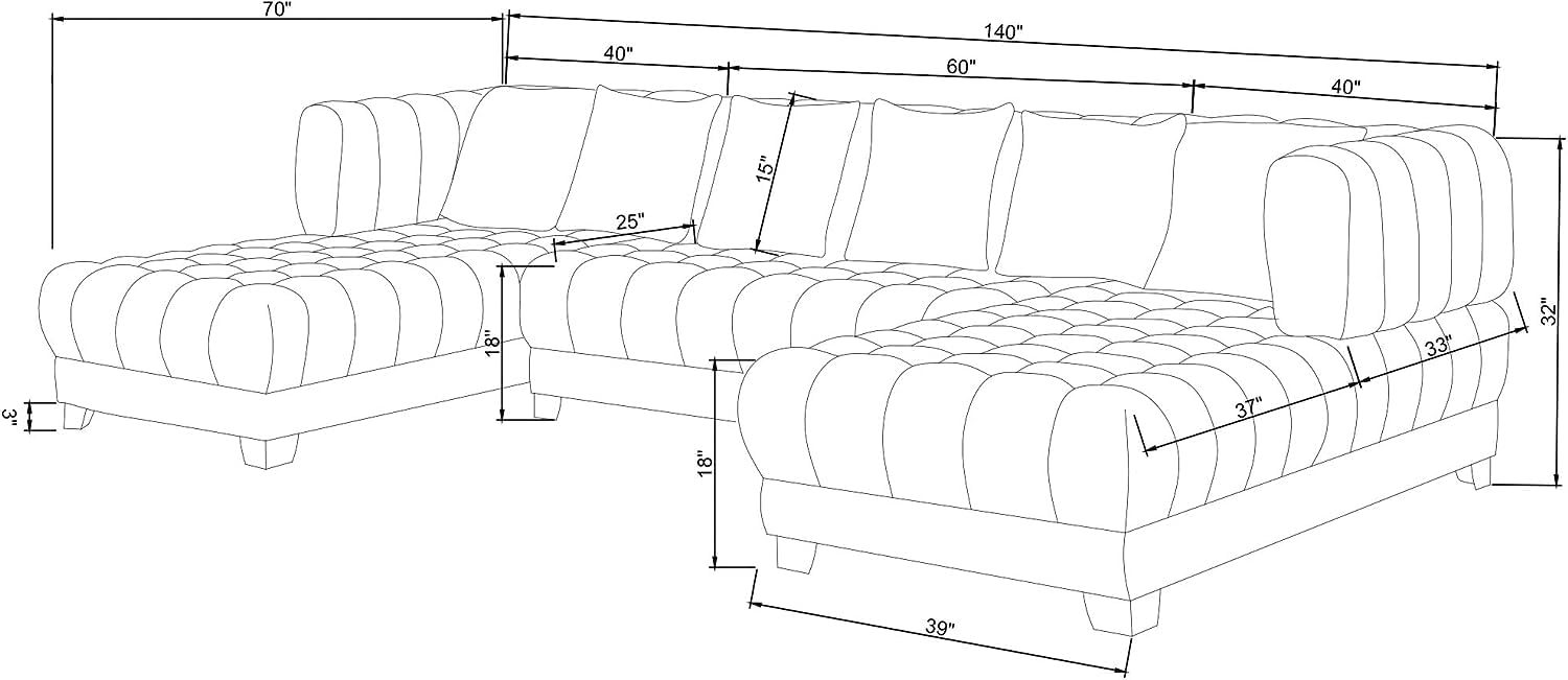 Woodpecker's Inc Marigold Velvet U-Shaped Double Chaise Sectional Sofa - with 6 Pillows & Gold Legs (Black)