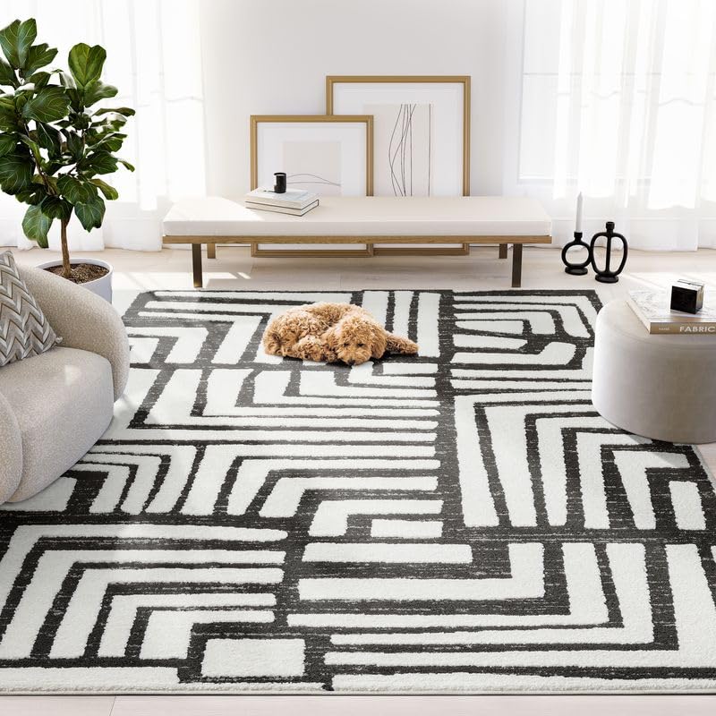 Abani Nomad Cream & Grey Area Rug 6' x 9' for Living Room, Bedroom - Geometric Box Design - Durable & Easy to Clean