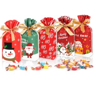 joindo 50 pcs christmas treat bags, 6x9 drawstring holiday goodie bags for party favor, stand up xmas candy bags (joyful moments series)