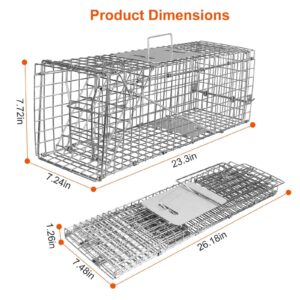 Live Animal Cage Trap, 23.3x7.2x7.7 Inches Humane Cat Trap for Stray Cats, Outdoor Heavy Duty Foldable Raccoon Traps, Humane Catch & Release Live Traps for Rabbits, Squirrels