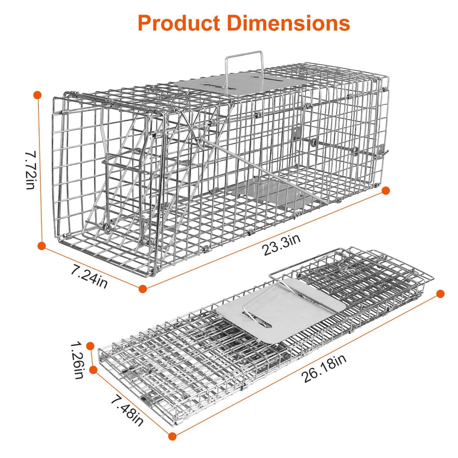 Live Animal Cage Trap, 23.3x7.2x7.7 Inches Humane Cat Trap for Stray Cats, Outdoor Heavy Duty Foldable Raccoon Traps, Humane Catch & Release Live Traps for Rabbits, Squirrels