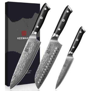 keemake damascus knife set 3 pcs, razor sharp kitchen knife set, 67 layers damascus steel knife, japanese chef knife set with full tang ergonomic handle, kitchen knives for meat vegetable cutting