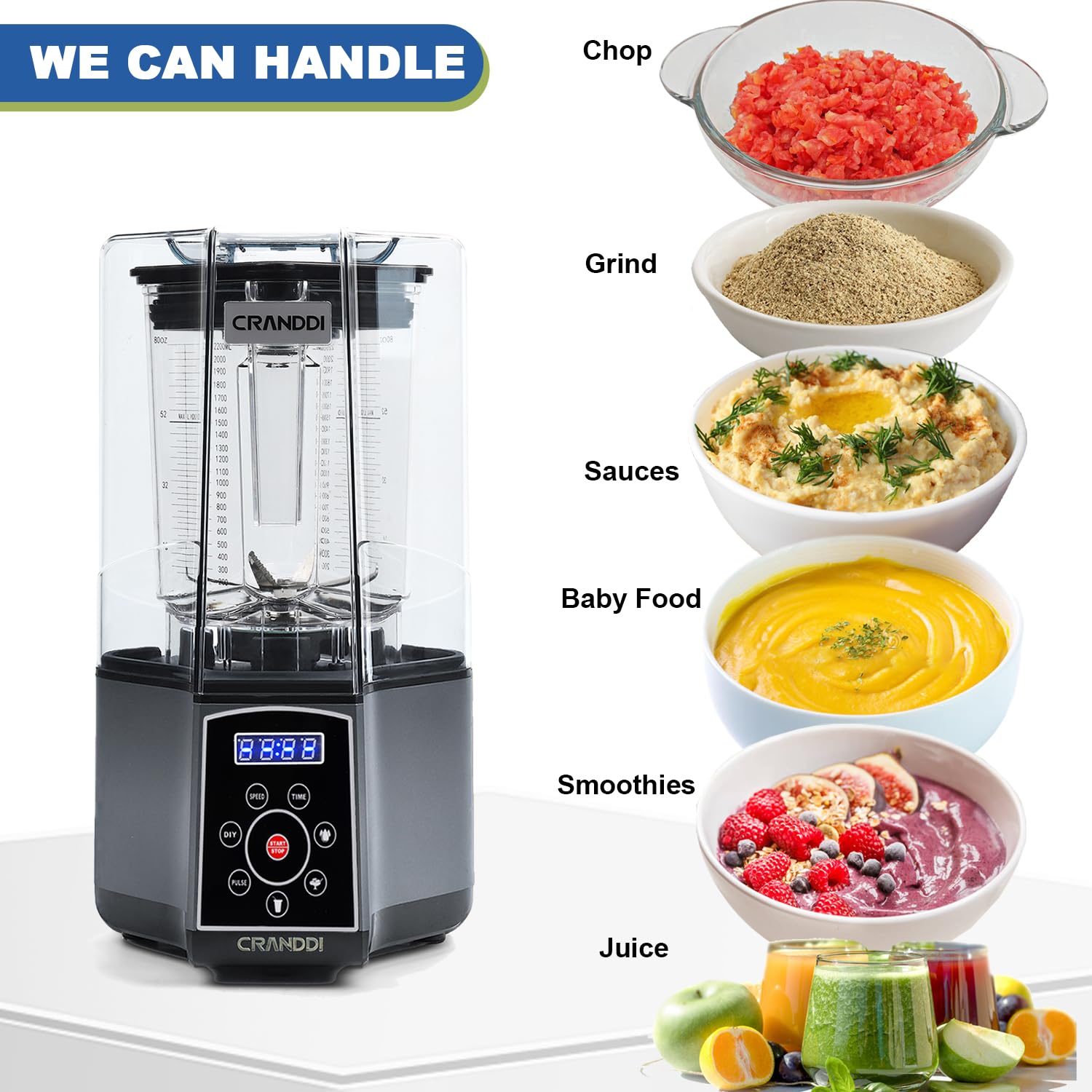 CRANDDI Smart Commercial Blender Digital Touch Screen with Removable Cover, 80oz Capacity, 3 Pre-Set Program with Smoothie, Juice, Cleaning and More, 1500W, 120V, K85TS (Grey)