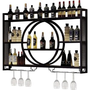 wall mounted wine rack, hanging metal round wine rack cabinet, multifunctional storage rack, vintage style wine bottle shelf, with wine glass holder, for home restaurant bars (120cm/47.2in)