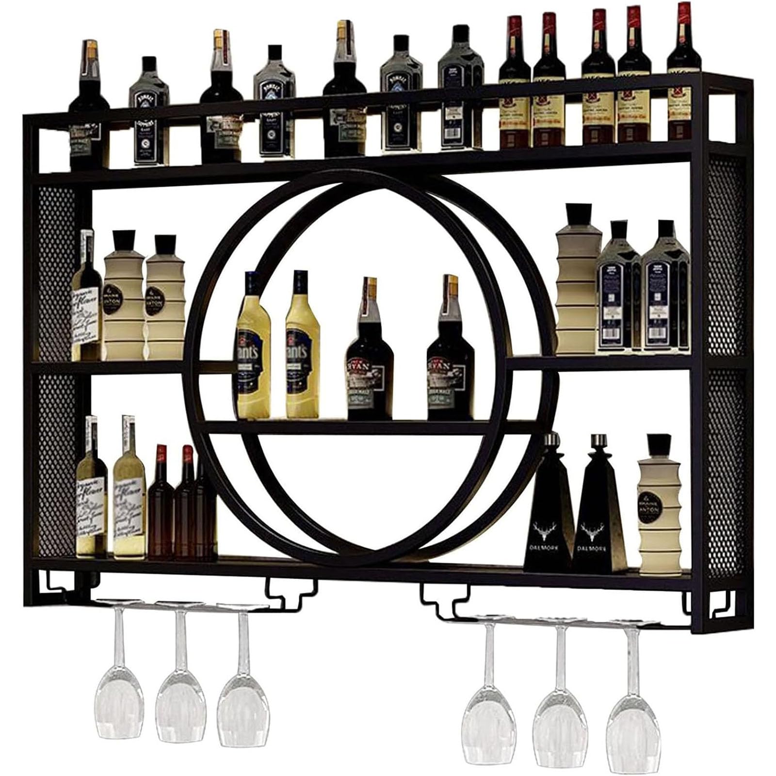 Wall Mounted Wine Rack, Hanging Metal Round Wine Rack Cabinet, Multifunctional Storage Rack, Vintage Style Wine Bottle Shelf, with Wine Glass Holder, for Home Restaurant Bars (120cm/47.2in)