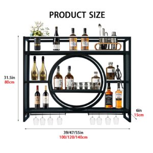 Wall Mounted Wine Rack, Hanging Metal Round Wine Rack Cabinet, Multifunctional Storage Rack, Vintage Style Wine Bottle Shelf, with Wine Glass Holder, for Home Restaurant Bars (120cm/47.2in)