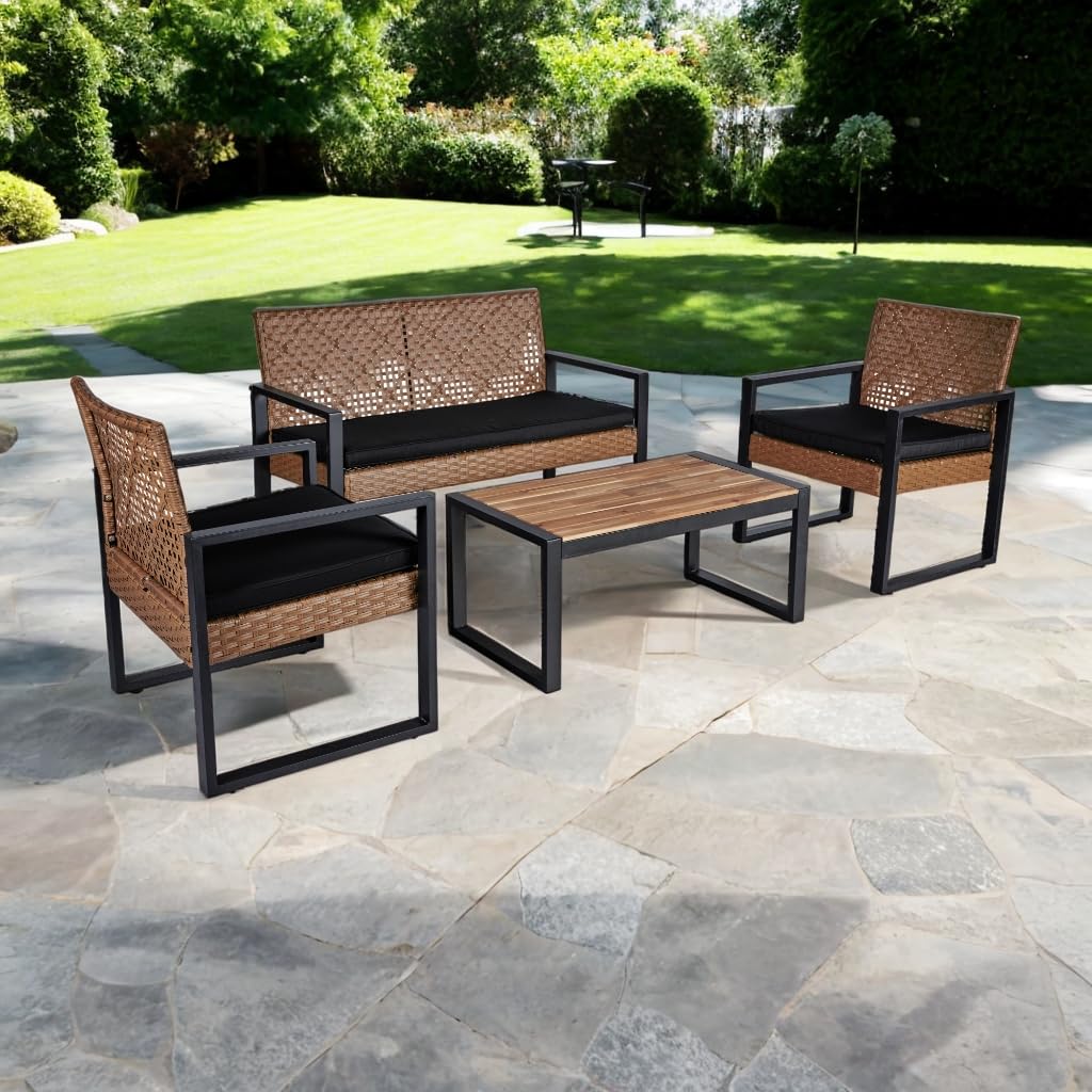 Finca ancha Patio Furniture Set 4 Pieces, Outdoor Furniture with Acacia Wood Table Top Coffee Table, Outdoor Wicker Patio Furniture for Yard, Pool, Backyard Sillas para Patio