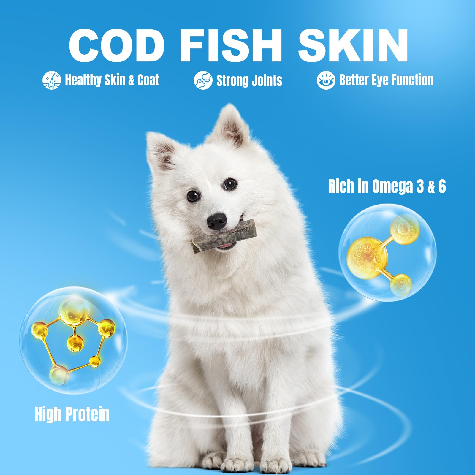 Amzey Cod Skin Dog Treats 24 OZ, High Protein Cod Fish Skin Rolls Rich in Omega-3, 100% Natural Dried Cod Fish Dog Chews for Teeth Cleaning, Pack of 4 Resealable Bags