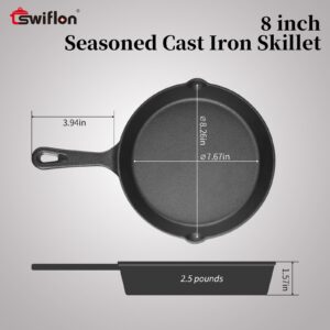 swiflon Cast Iron Skillets Non-Stick Frying Pans Griddle Egg Pan Round Indoor/Outdoor,Stove, BBQ, Grill Cookware，8 Inch