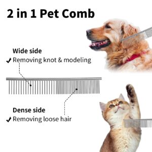 Flezoo 2PCS Dog and Cat Brush, Stainless Steel Dog Grooming Comb Kit, Detangler Deshedding Brush for Long Haired Dogs＆Cats, Dog Tangles Metal Comb＆Knots Hair Remover for Dog＆Cat Undercoat 6.4" 7.5"