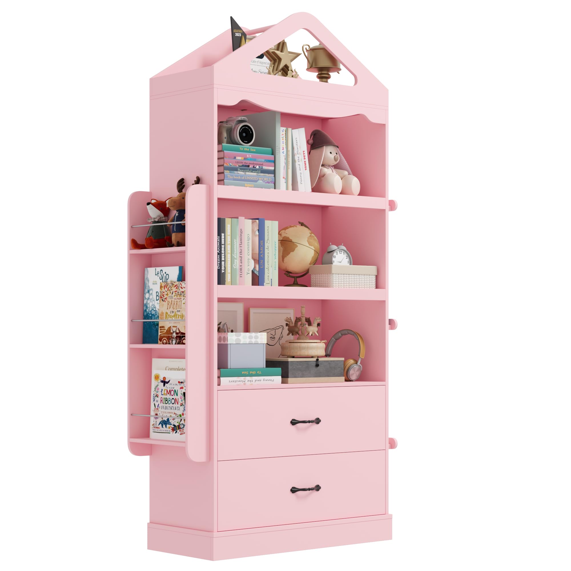 HOSTACK 71" Tall Kids Bookcase, Kids Bookshelf with 2 Drawers, 4 Tier Large Book Shelves, Wood Display Standing Cabinet with Toy Storage Organizer for Nursery, Living Room, Study, Pink