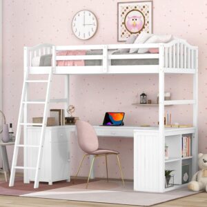 harper & bright designs twin size loft bed with desk, wood loft bed twin with drawers, cabinet, shelves, kids loft twin bed with desk and storage for girls boys teens,no box spring needed,white