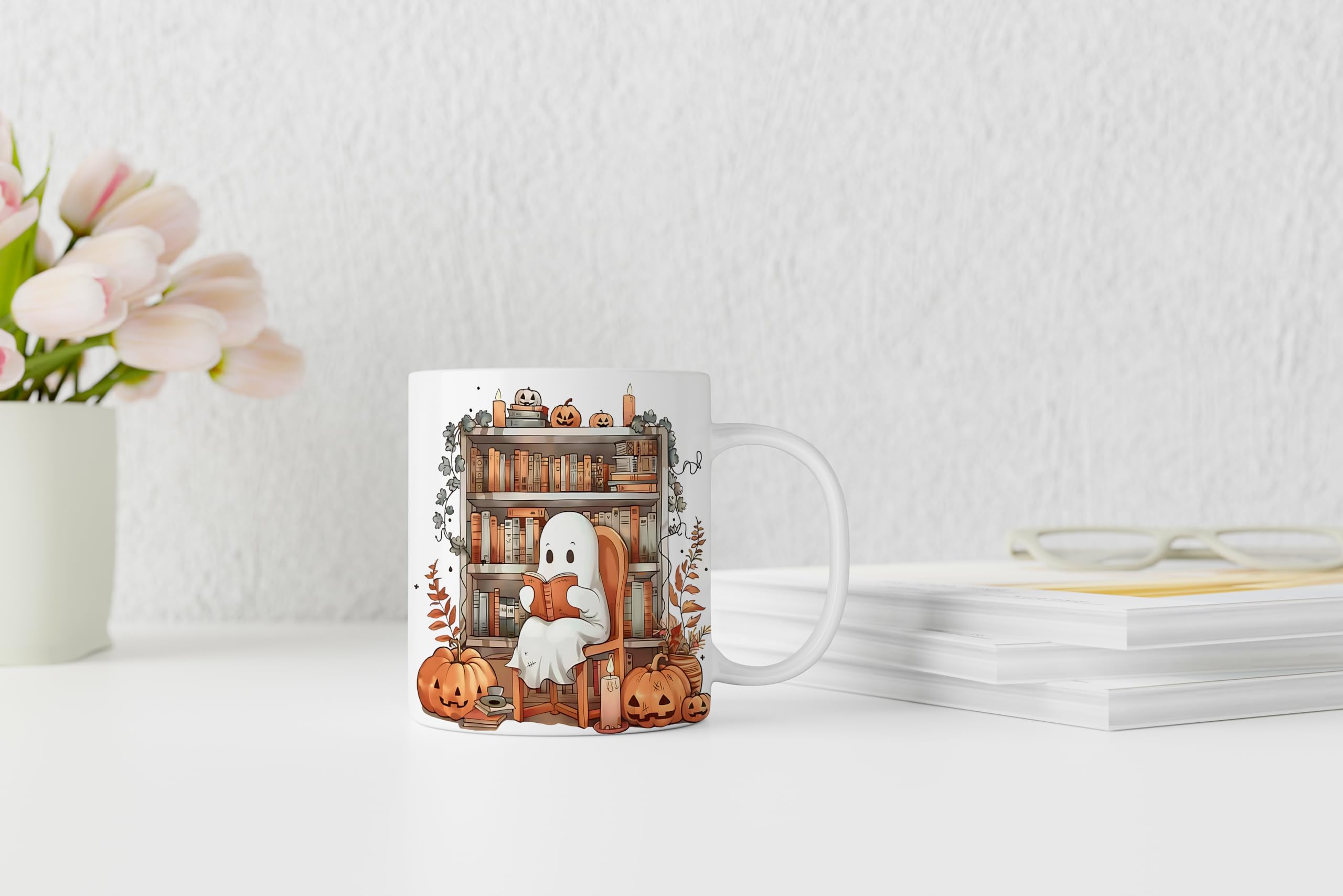 QASHWEY Halloween Reading Ghost Mug, Halloween Coffee Mug, Fall Book Lovers Gifts Mug, Halloween Themed Mug Tea Cup Gifts for Reading Lovers, Fall Bookish Ghost Halloween Coffee Cups Ceramic 11oz