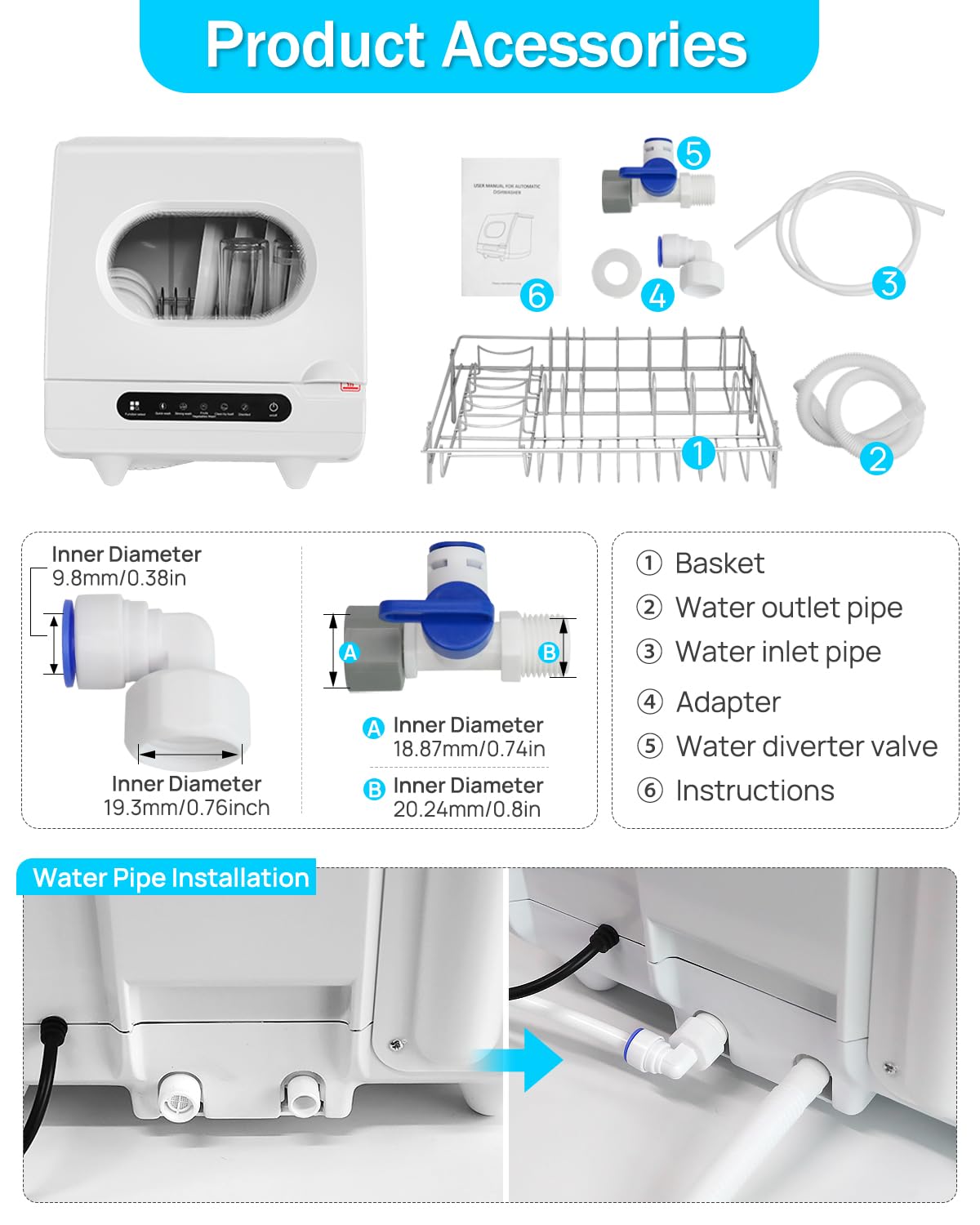 Bonxrdun Countertop Dishwasher, Portable Dish Washer, 5 Washing Modes, 360° Cleaning, Energy Efficient, Low Noise, Perfect for Small Families, Compact Size for RVs & Kitchens