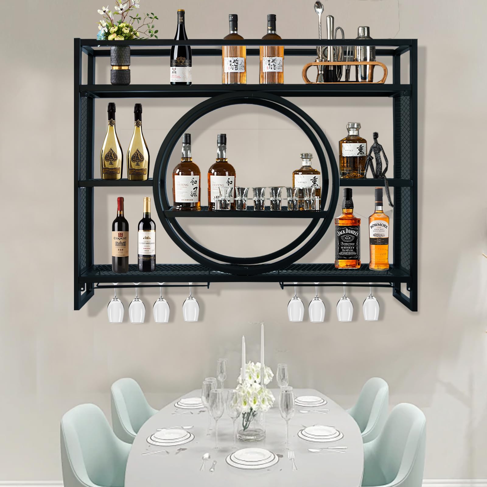 Wall Mounted Wine Rack, Hanging Metal Round Wine Rack Cabinet, Multifunctional Storage Rack, Vintage Style Wine Bottle Shelf, with Wine Glass Holder, for Home Restaurant Bars (120cm/47.2in)