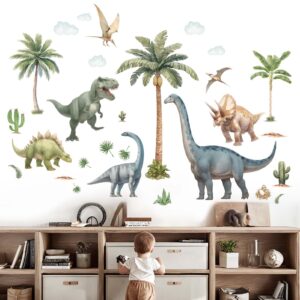 amimagen large dinosaur wall decals - tropical palm tree leaf dino wall stickers - nursery kids baby boys room daycare playroom classroom wall decor