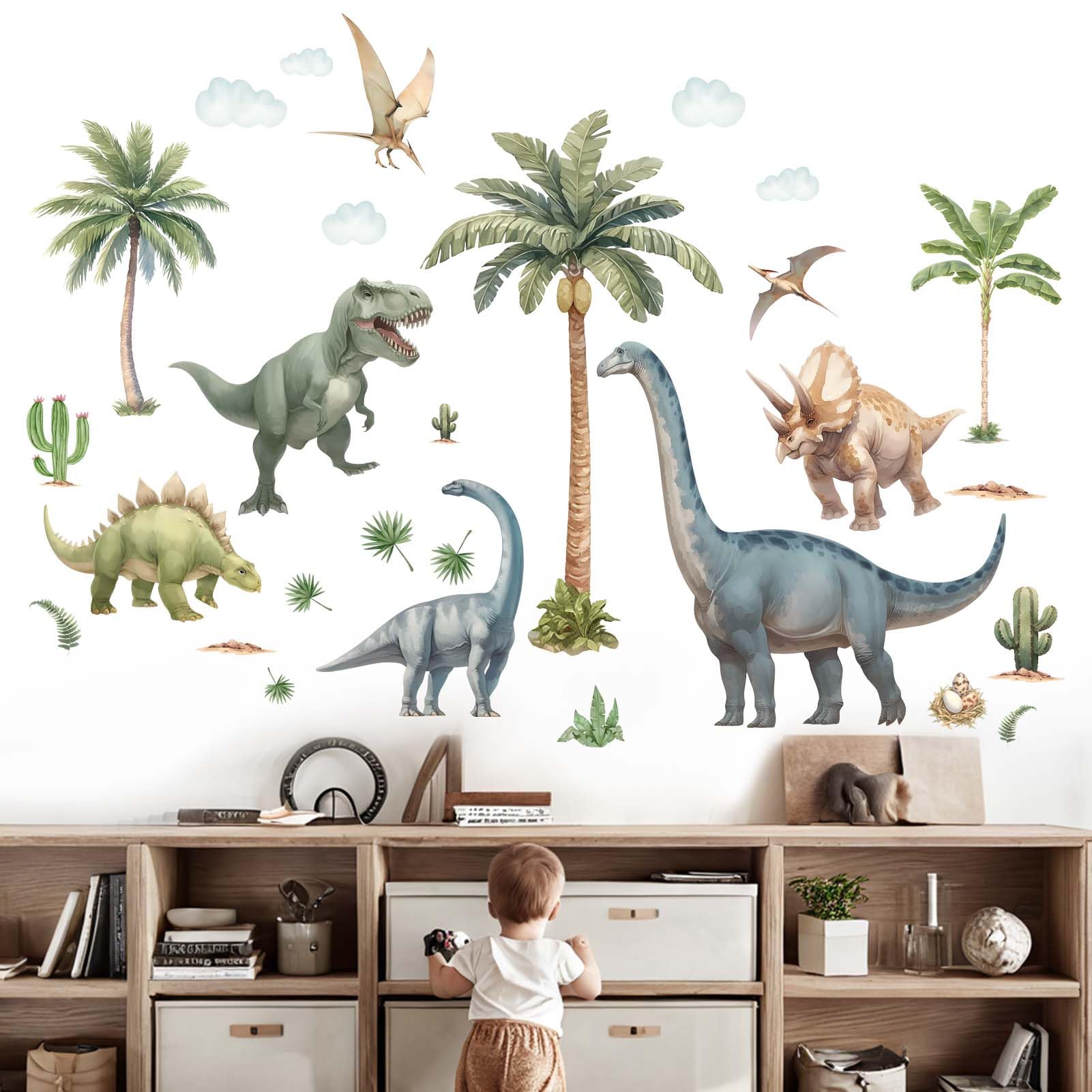 Amimagen Large Dinosaur Wall Decals - Tropical Palm Tree Leaf Dino Wall Stickers - Nursery Kids Baby Boys Room Daycare Playroom Classroom Wall Decor