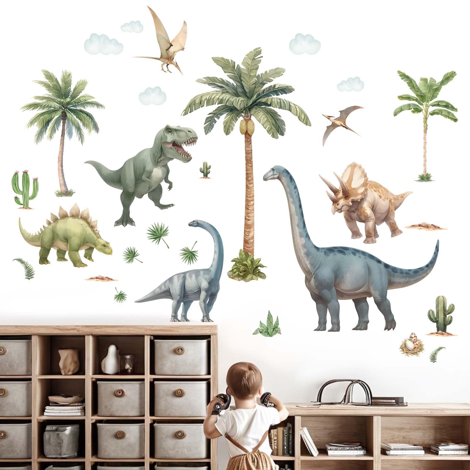 Amimagen Large Dinosaur Wall Decals - Tropical Palm Tree Leaf Dino Wall Stickers - Nursery Kids Baby Boys Room Daycare Playroom Classroom Wall Decor