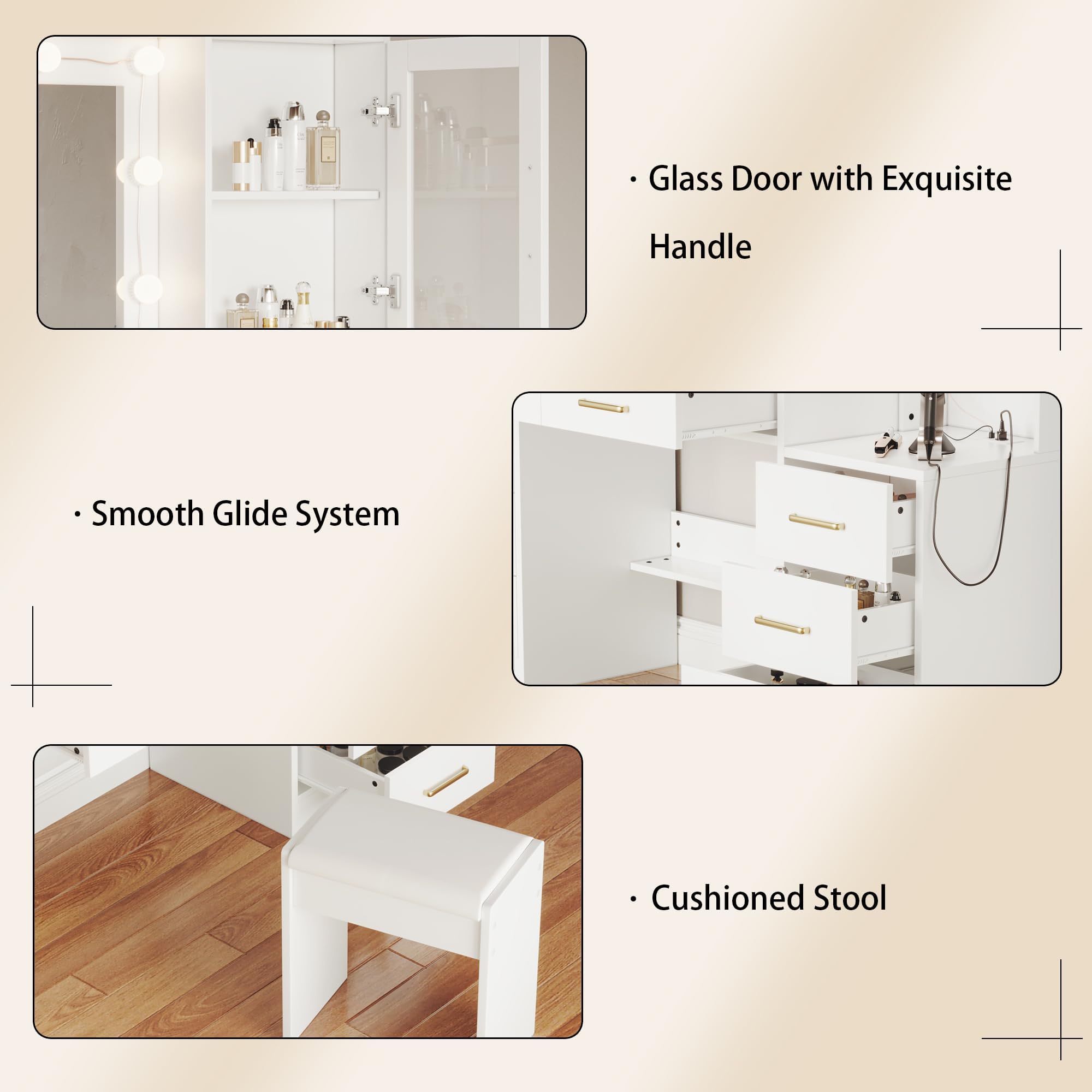 TOKSOM White Vanity Desk with Mirror, Lights & Charging Station, 58.3" 3 Lighting Modes Makeup Desk with 8 Drawers, 2 Cabinets and Lots Storage, Dressing Table Vanity Set with Lighted Mirror