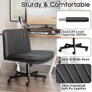 PUKAMI Criss Cross Legged Chair with Wheels,Comfy Armless Office Desk Chair,PU Leather Swivel Modern Makeup Vanity Chair,Height Adjustable Wide Seat Computer Task Chair for Home Office(Grey)