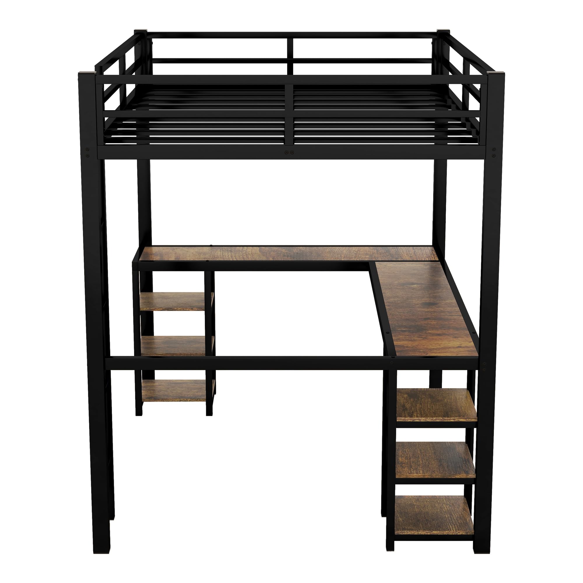 Full Loft Bed with L-shaped Wooden Desk and Storage Shelves, Full Size Loft Bed Frame with Safety Guardrail and Built-in Ladder for Boys Girls Juniors, No Box Spring Needed, Black and Brown