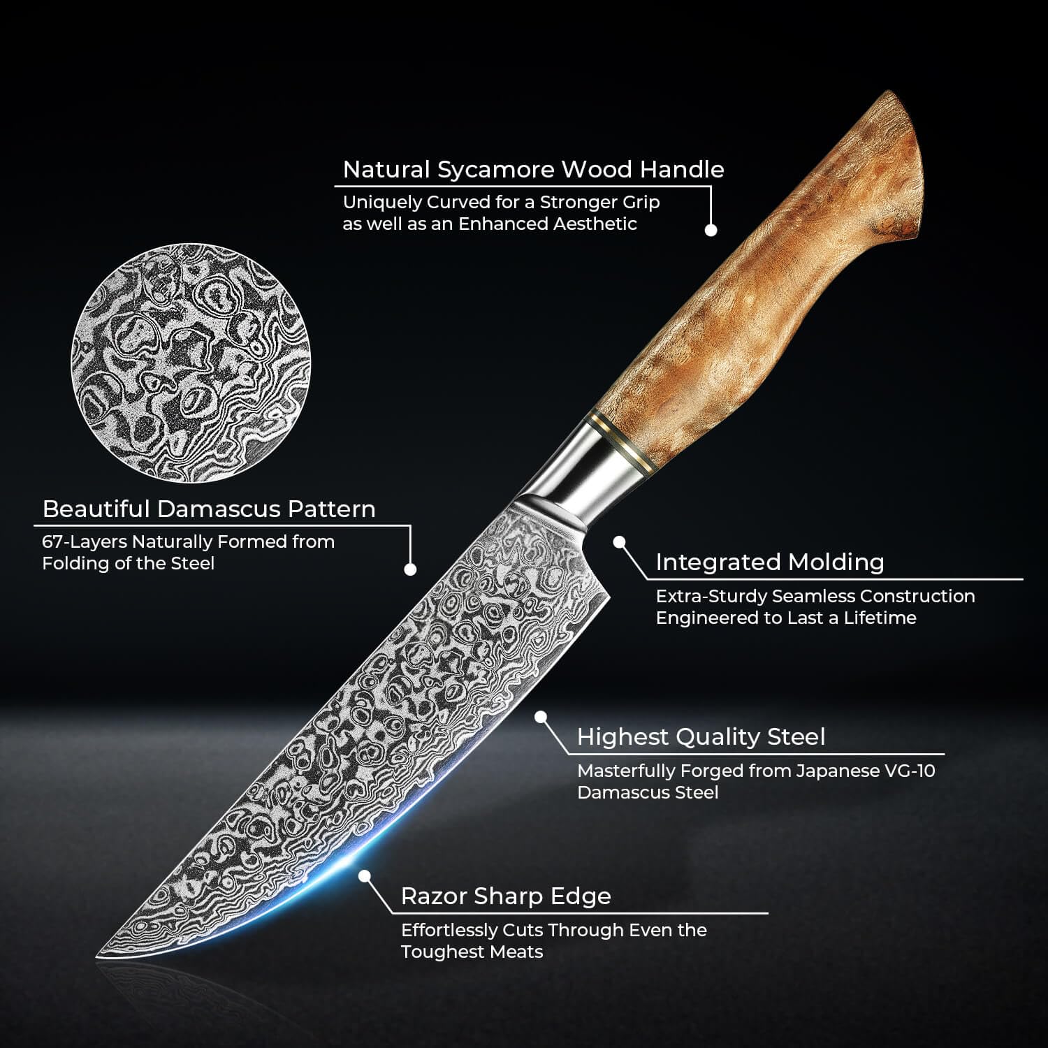 SENKEN 6-Piece Damascus Steel Steak Knife Set - Non-Serrated Steak Knives with Sycamore Wood Handles - The Dynasty Collection - 67-Layer Japanese VG10 Steel (6-Piece Steak Knife Set)